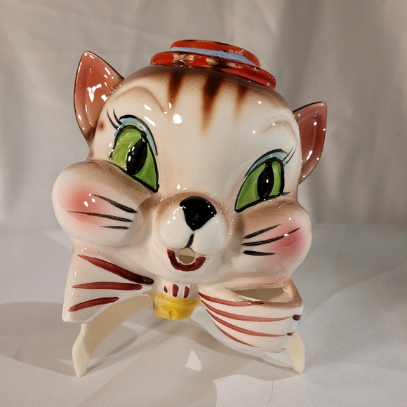 Other | Vintage Kitsch Ceramic Cat Face Scissores String Holder Wall ...